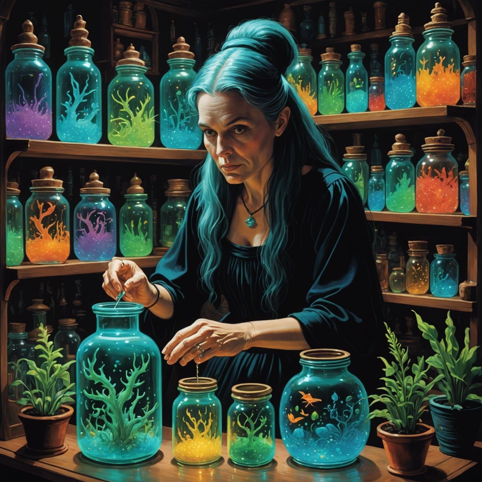 Witch and her collection of magical jars - AI Generated Artwork - NightCafe Creator