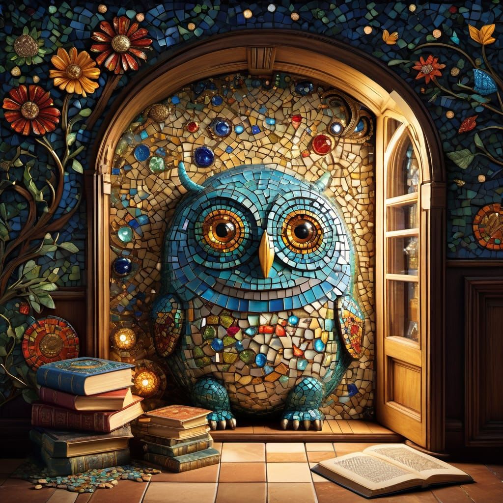 Traditional mosaic art. A friendly storybook monst... - AI Art