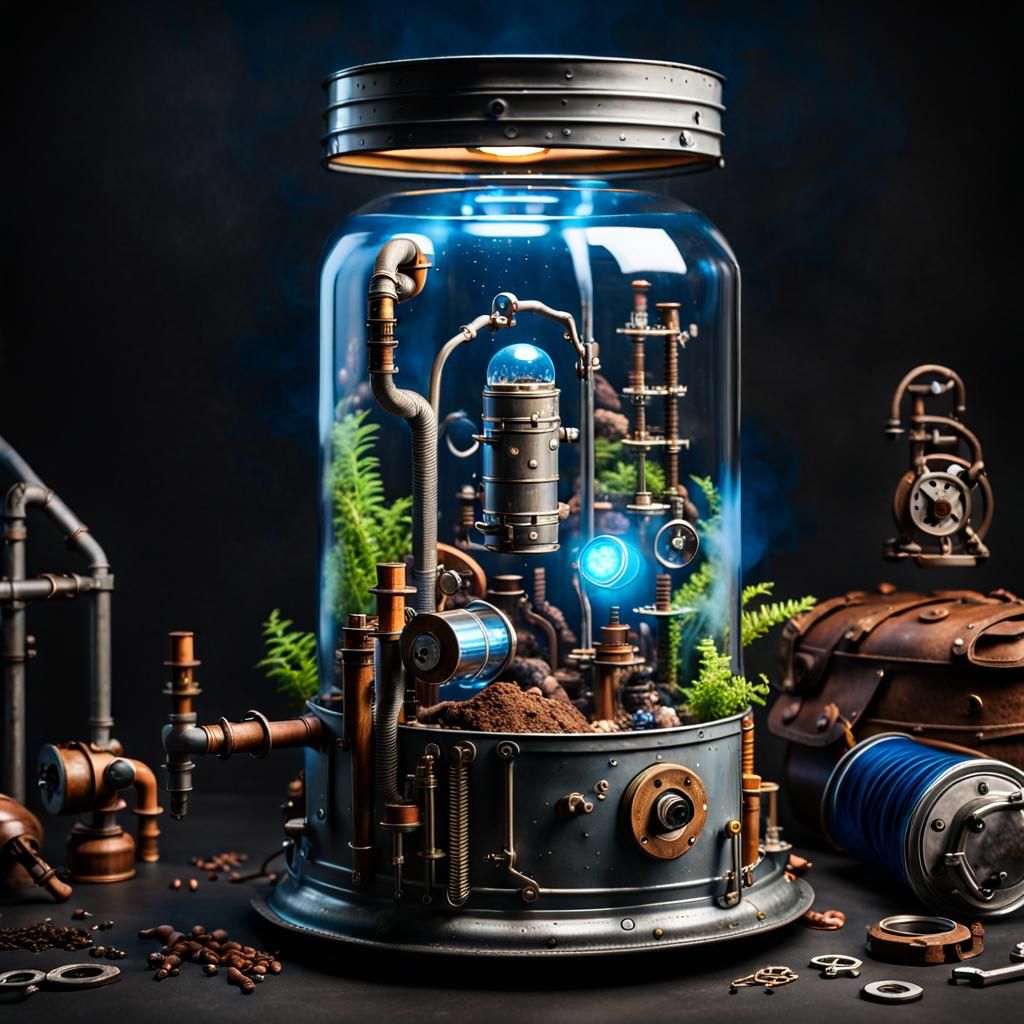Steampunk Terrarium (with bright backlight:1.9) inside a huge empty tin ...