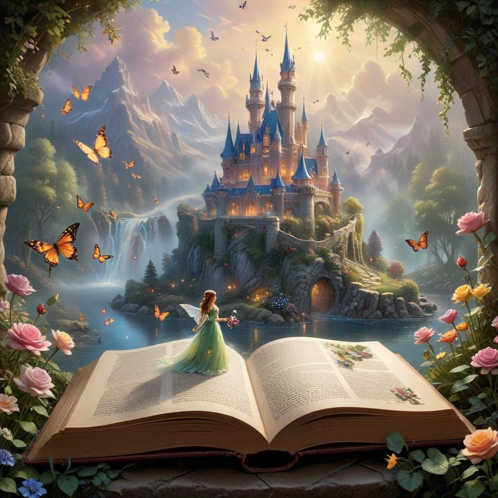 beautifully crafted 3D depiction of a fairy tale scene on an open book ...