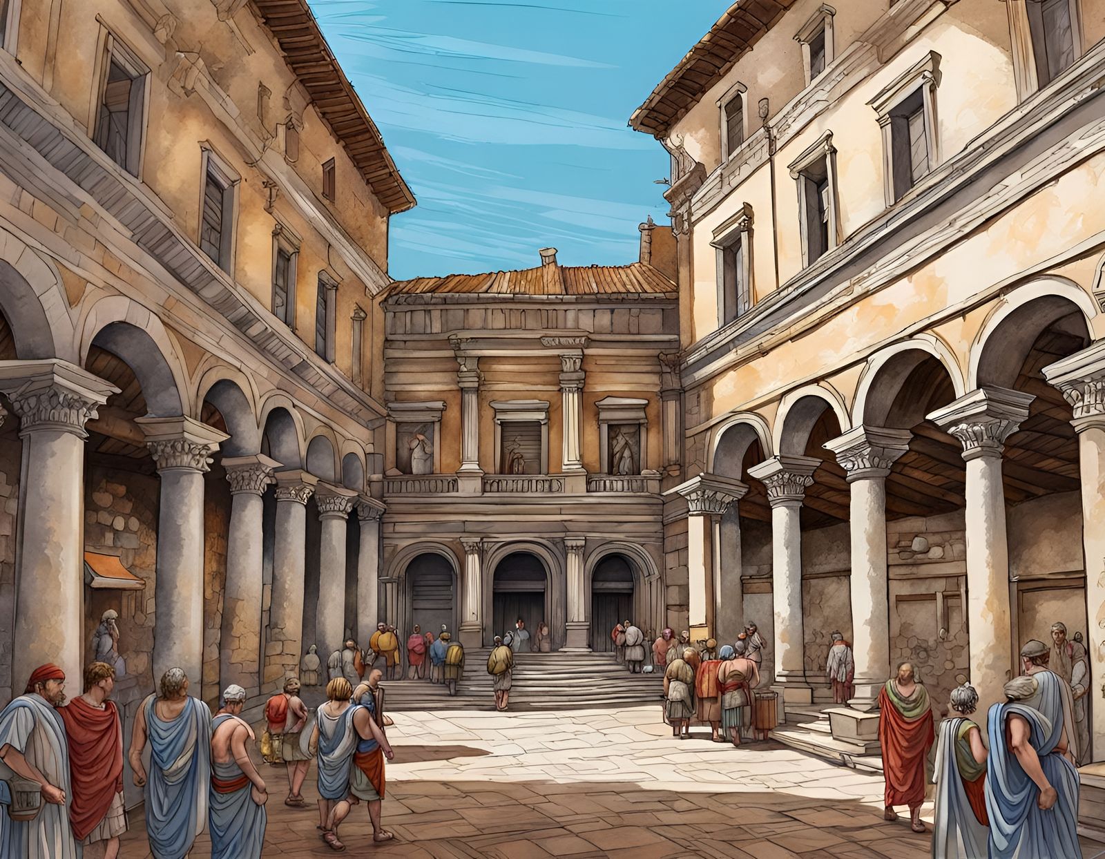 Grand entrance to a Roman market back in ancient times, dynamic ...