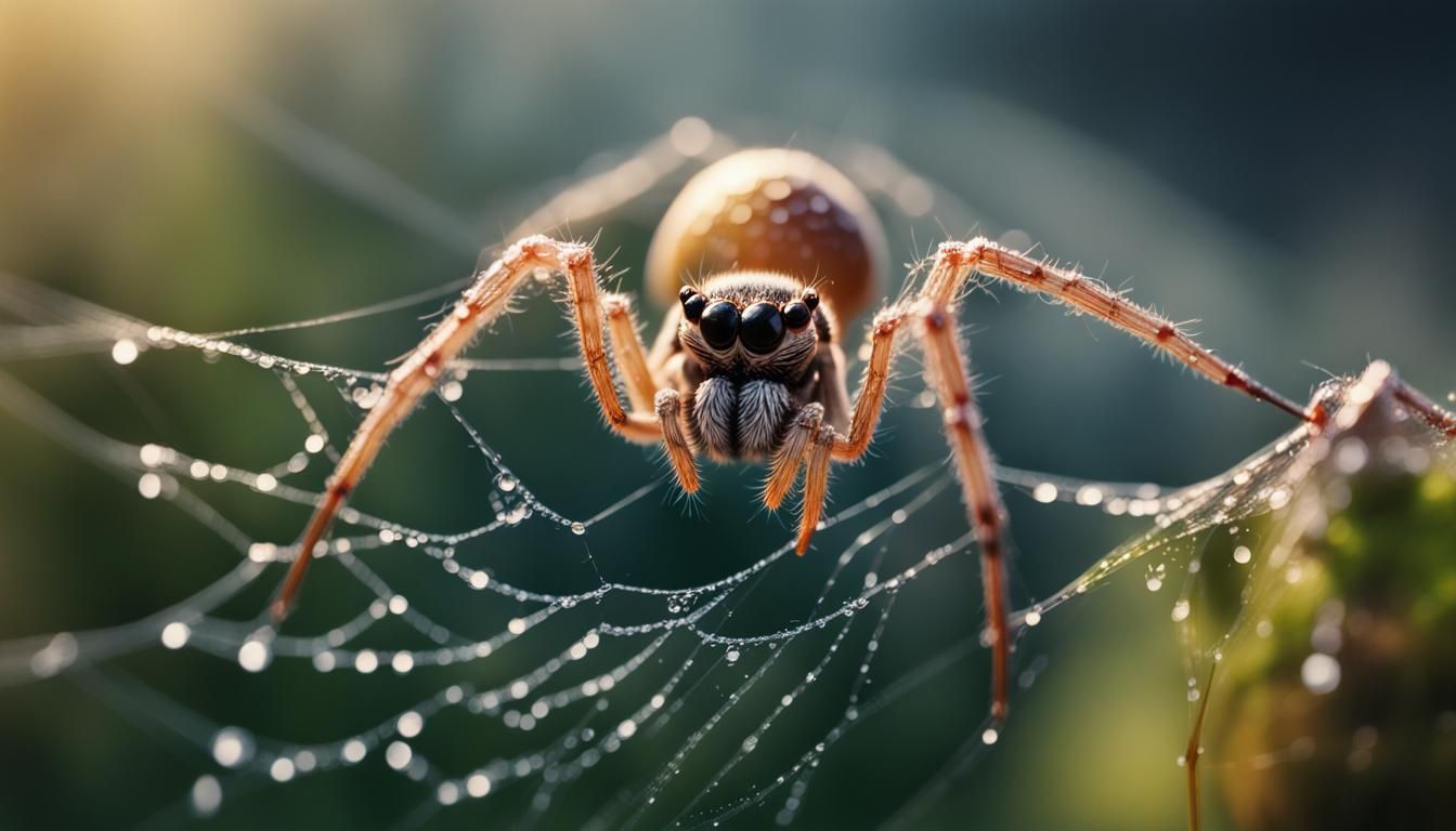 a cute little spider in a corner of its cobweb in nature with morning ...