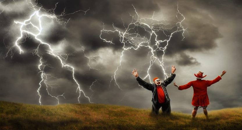 clown and an Old man wearing rags, arms raised to the sky, in a heath ...