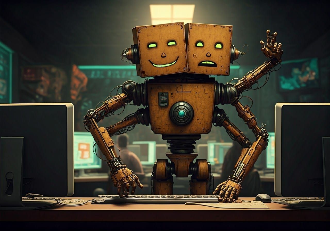 Beeble-box? - Grinning Robot Scientist in Cyberpunk Internet...