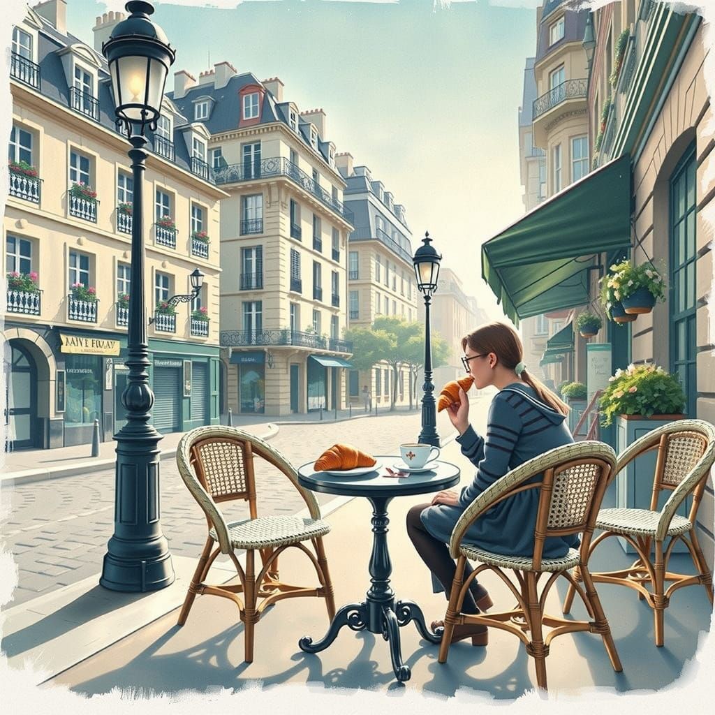 A person savoring a freshly baked croissant outside a charming Parisian ...