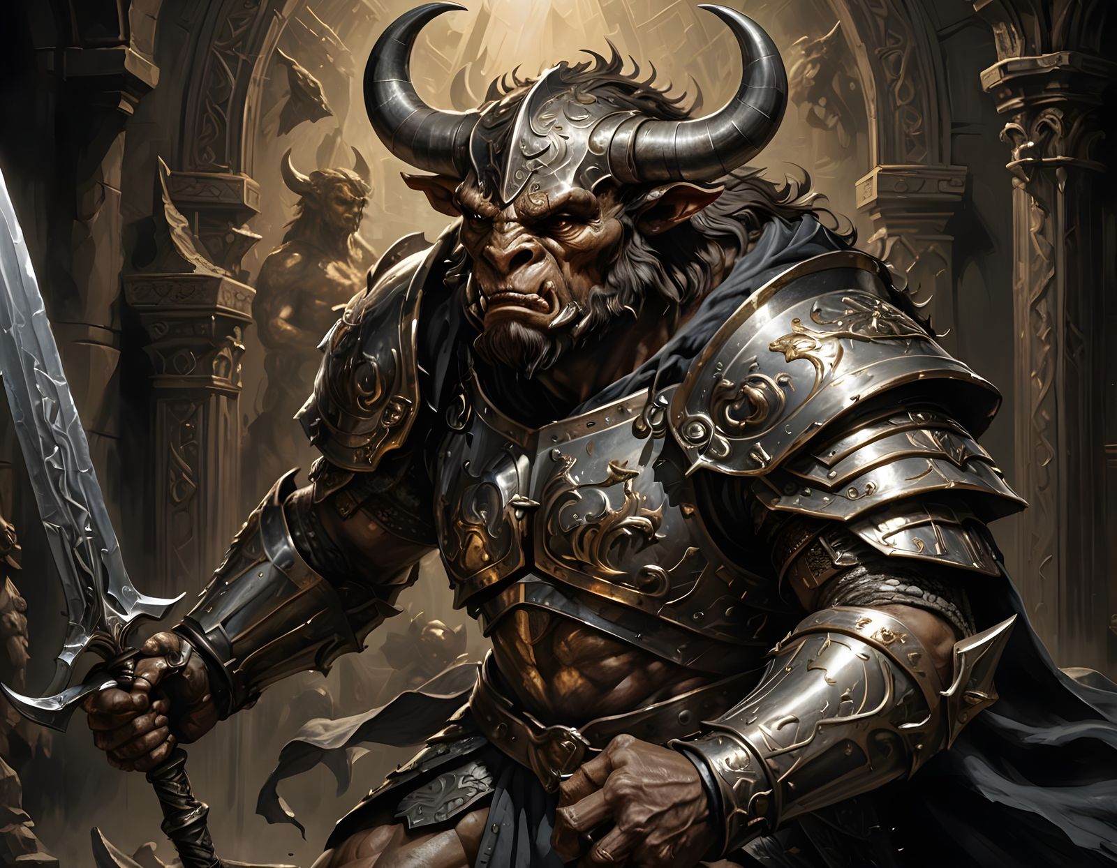 Mighty Minotaur in Full Plate Armor, Ready for Bat... - AI Art