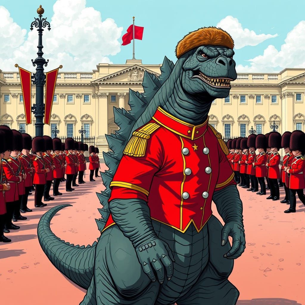 Godzilla in Scarlet Tunic, Buckingham Palace Guard... - AI Art