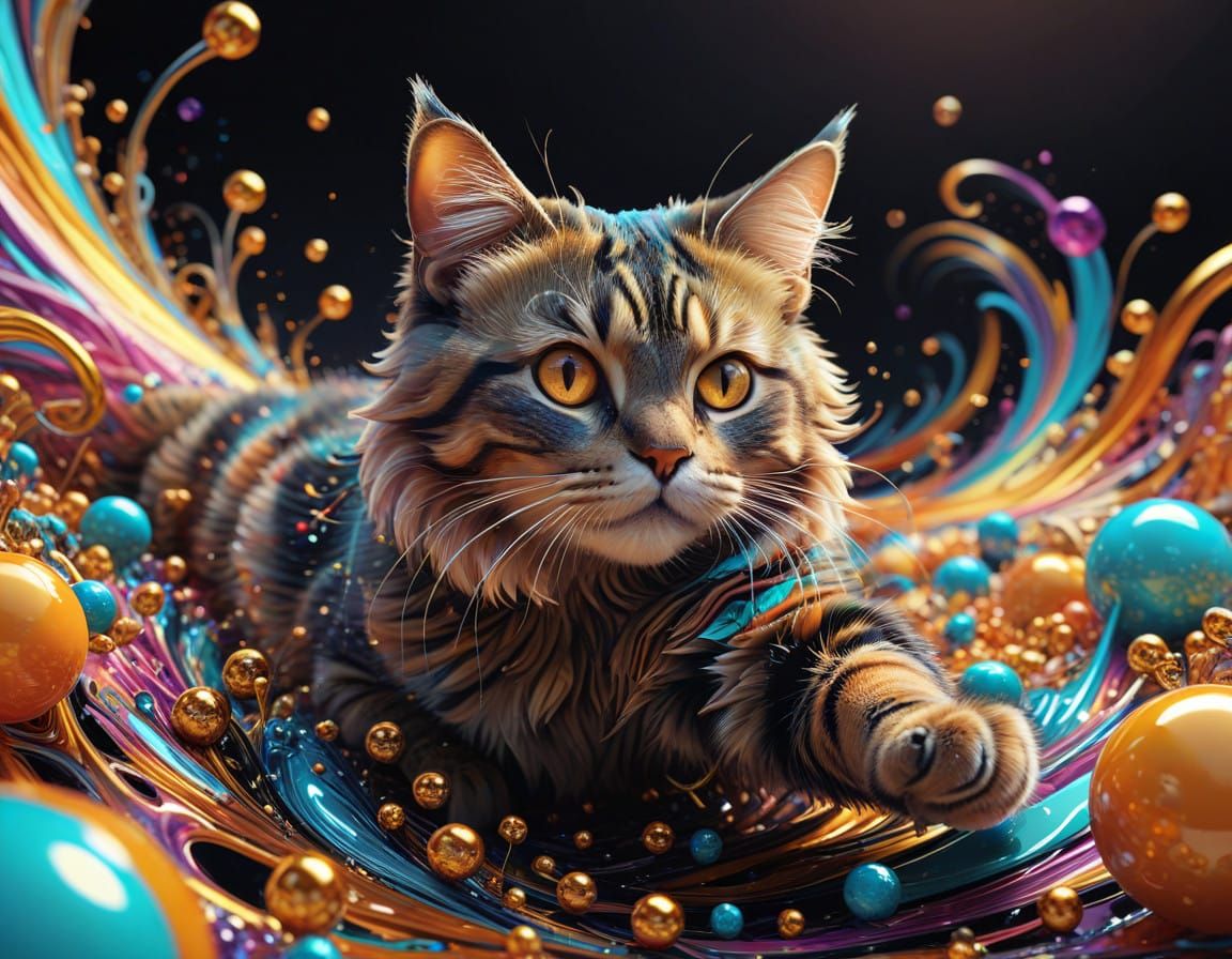 Vibrant Cartoon Oliver the Cat in Mid-Jump, Exudin... - AI Art
