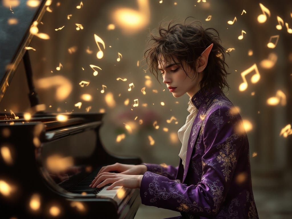Elven Pianist 250403C - Dreamy Elven Musician in Elegant Pur...