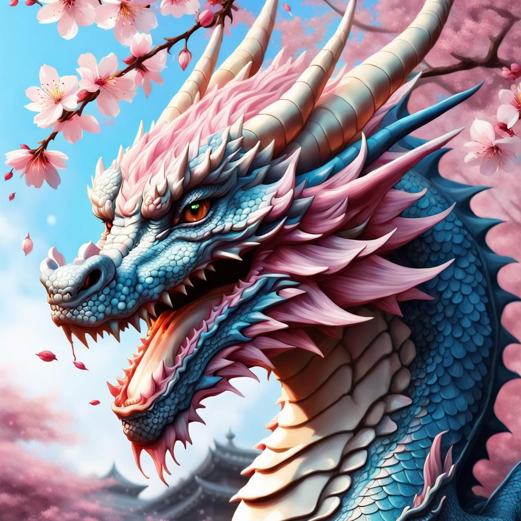 Dragon and Sakura. Hyperrealistic, splash art, concept art, mid shot ...