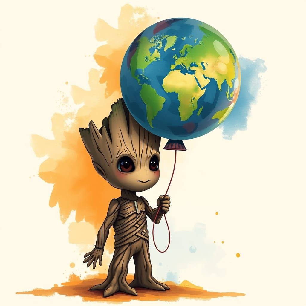 Baby Groot with Earth Balloon: Abstract Art - AI Art