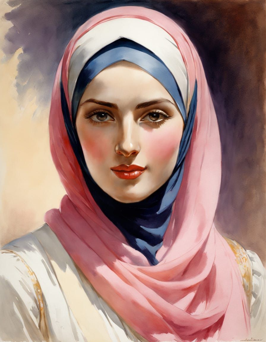 Hijabi - Vibrant Hijabi Portrait in Watercolor Style