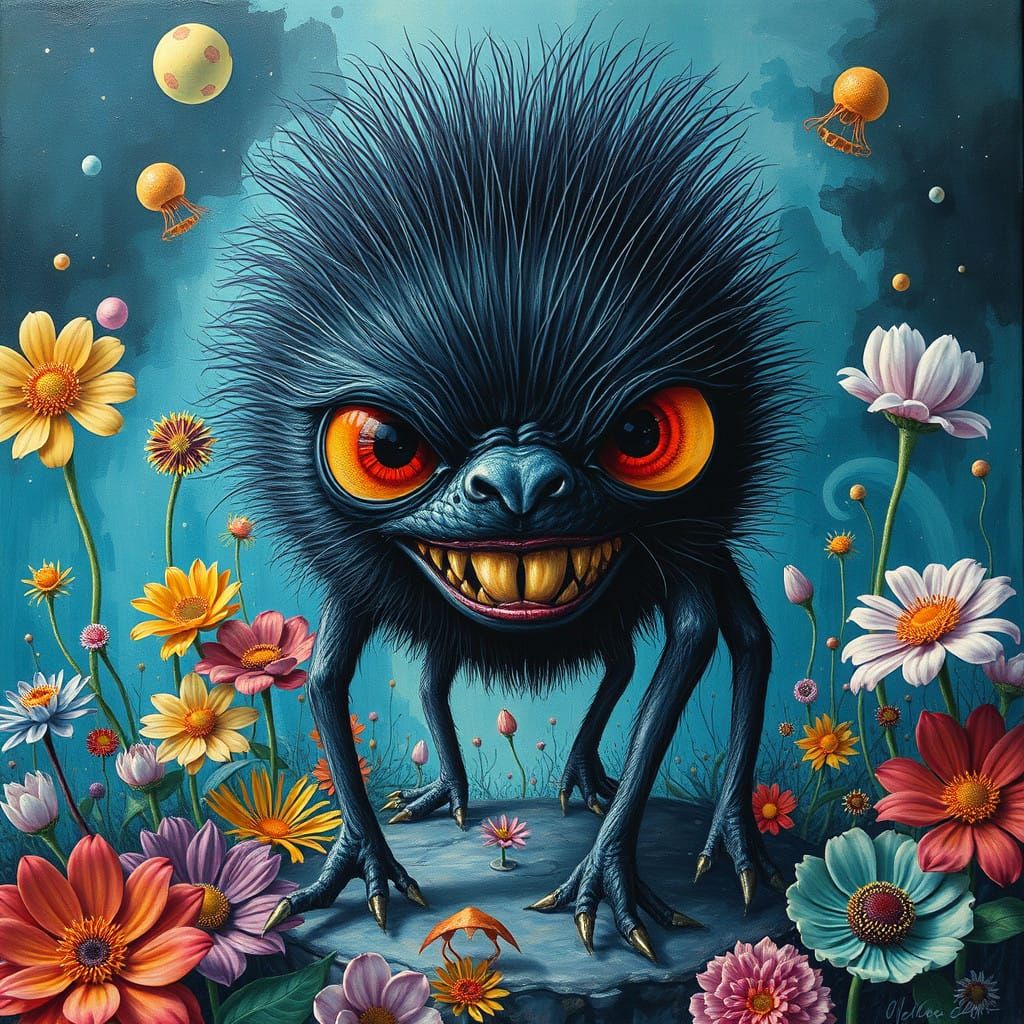 a bizarre creature from a surrealist dreamscape, with a black furry body,