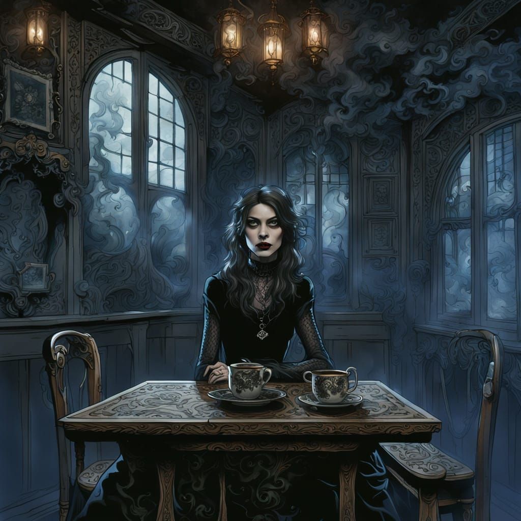 Enigmatic Goth Fashion Model in Smoky Coffee Shop ... - AI Art