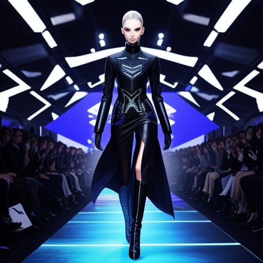 A futuristic runway with digital clothing and animated designs,