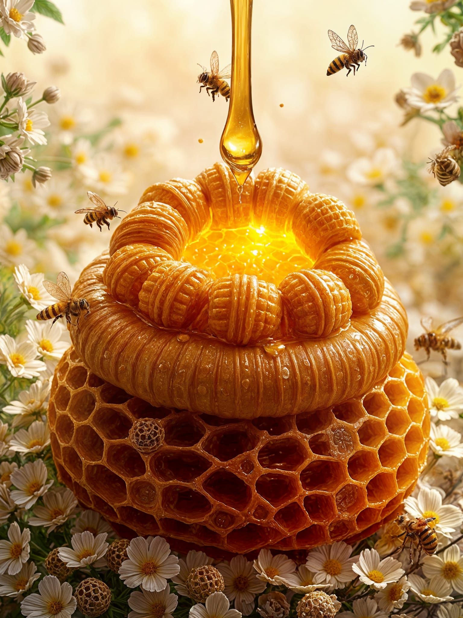Golden Honeycomb Croissant with Delicate Bees in V... - AI Art