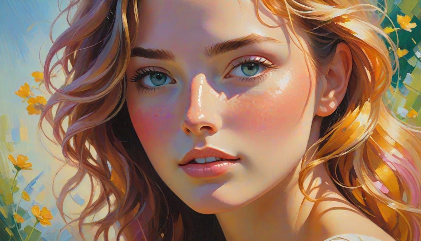 Create a romantic, impressionist-style artwork featuring a woman with ...