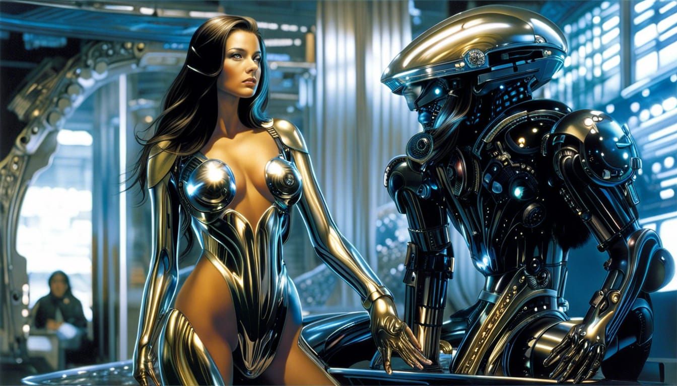 Fantasy by Hajime Sorayama :: Bionic android woman with delicate "shiny metal" skin and long ...