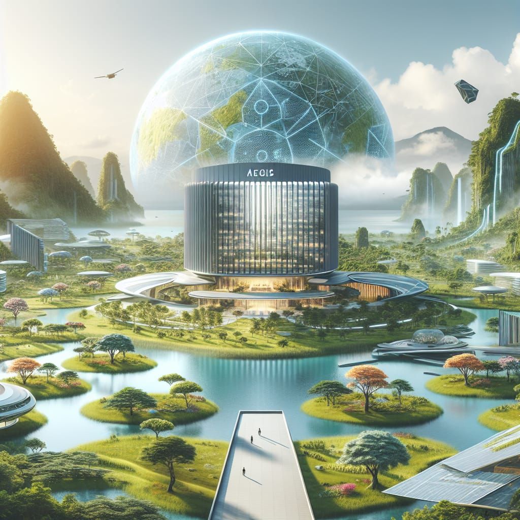 Generate an image of A utopian society. A building clearly reads the ...