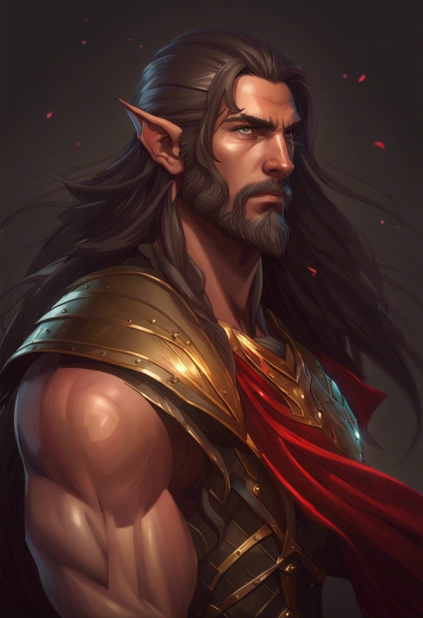Muscular long hair male half elf half human with a full beard wearing ...
