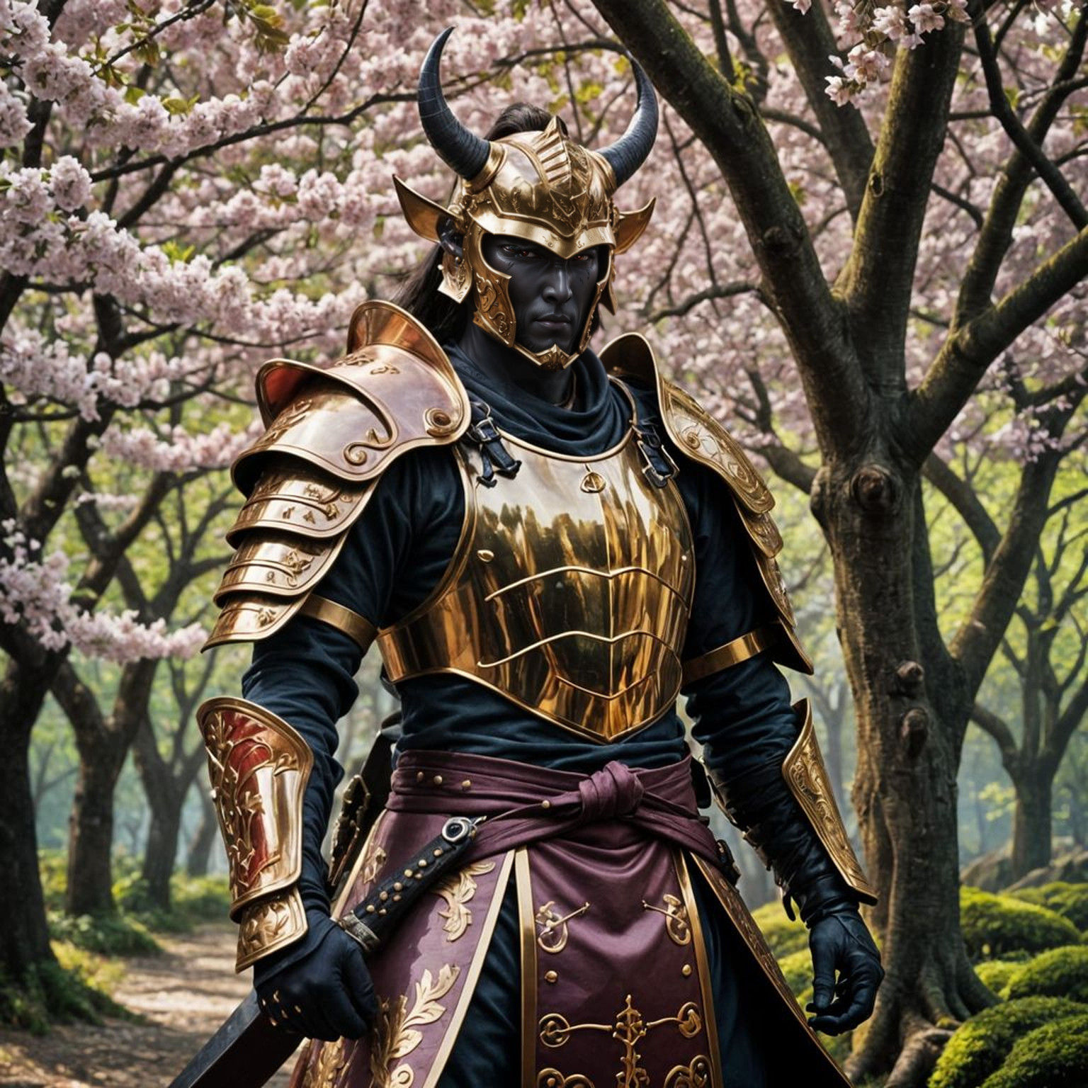Epic Male Tiefling Samurai Warrior in Cherry Bloss... - AI Art