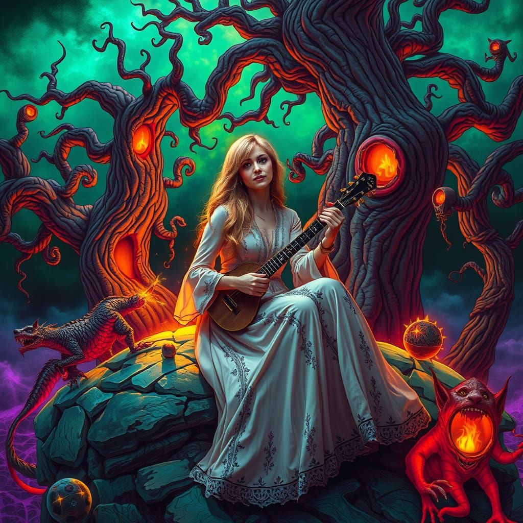 Surreal Folk Singer in Mystic Island Landscape wit... - AI Art