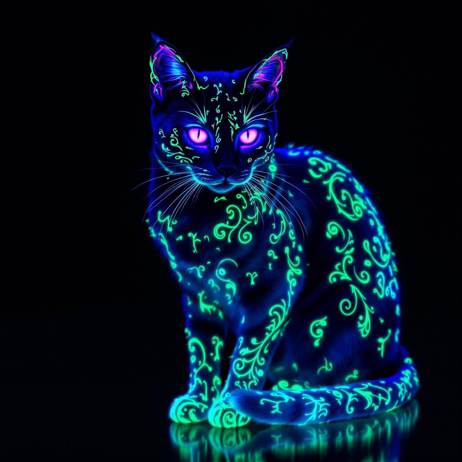 Bioluminescent and fluorescent cat under a black light. Under the ...