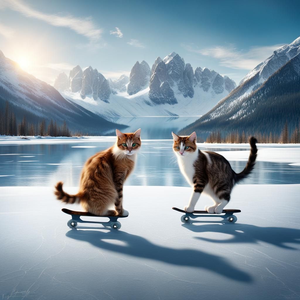 Cats ice skating on a beautiful frozen lake in the winter with clear blue skies and rugged ...