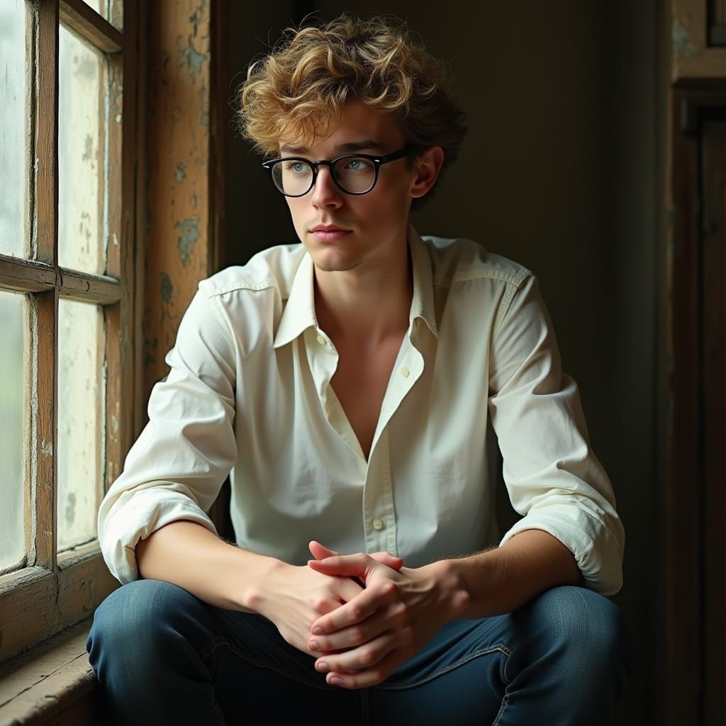 Young Man Contemplates Life on a Worn Wooden Windo... - AI Art