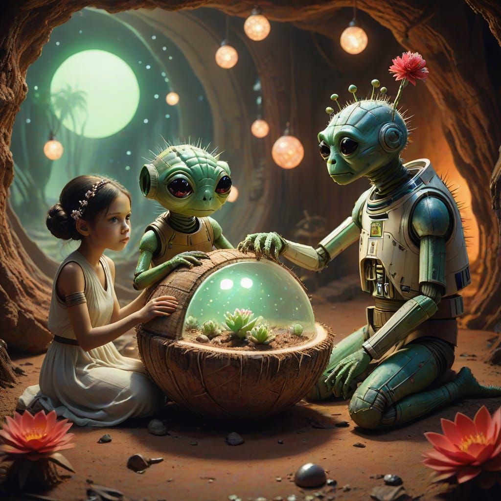 Surreal Star Wars Scene: R2D2 Serves Martian Lizar... - AI Art