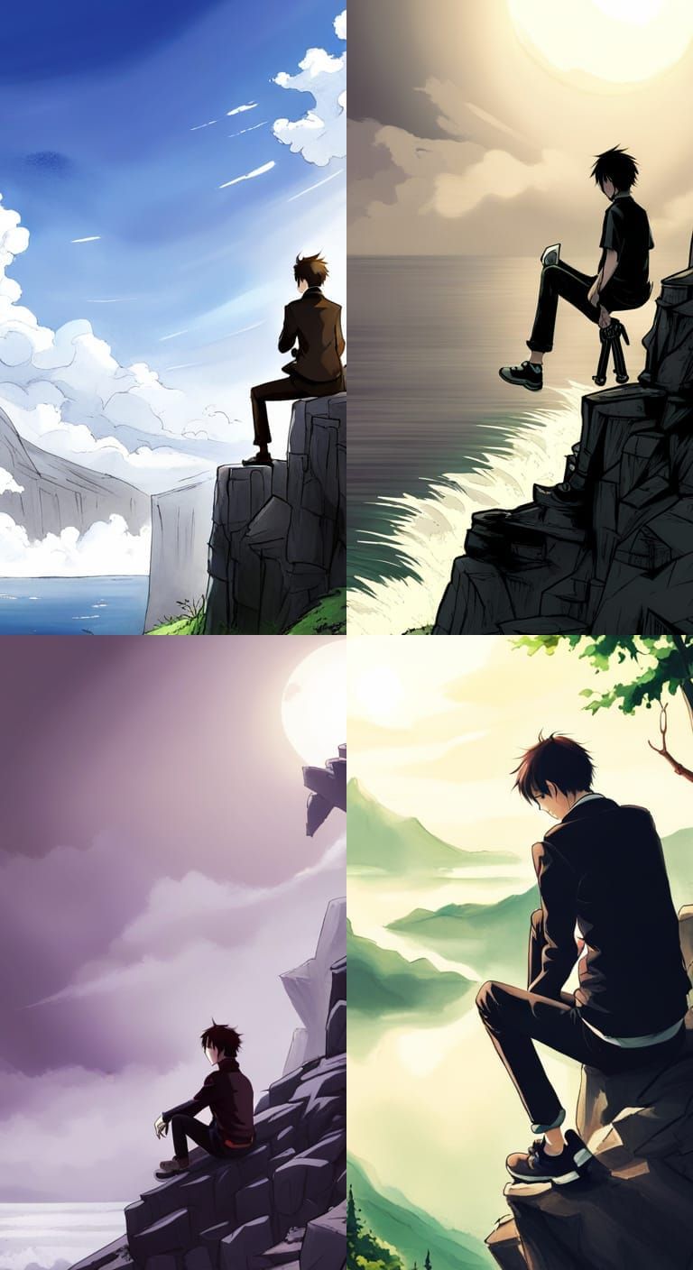 Man sitting on the edge of a cliff by artist "anime", Anime Key Visual ...