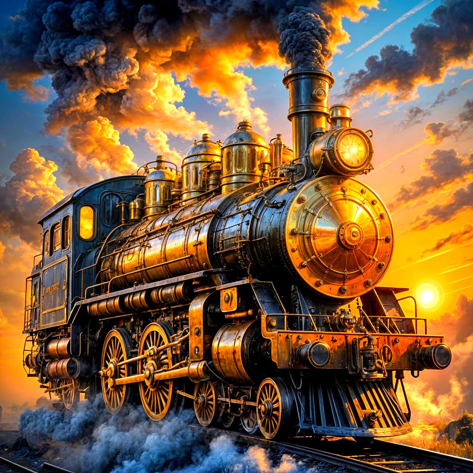 Steampunk Train Engine in Golden Hour Lighting - AI Art