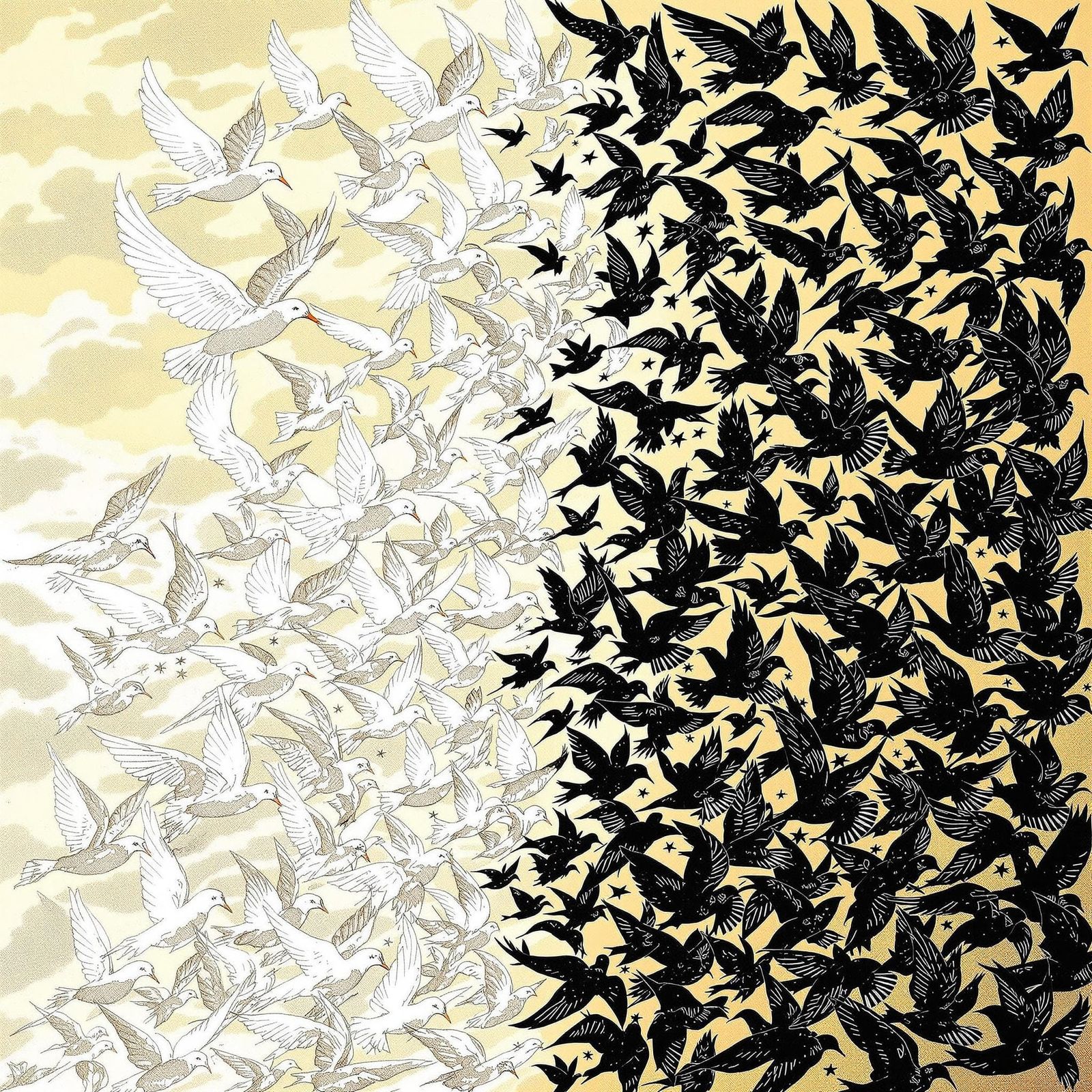 Intricate Escher drawing. Flock of White seagulls flying to the left ...