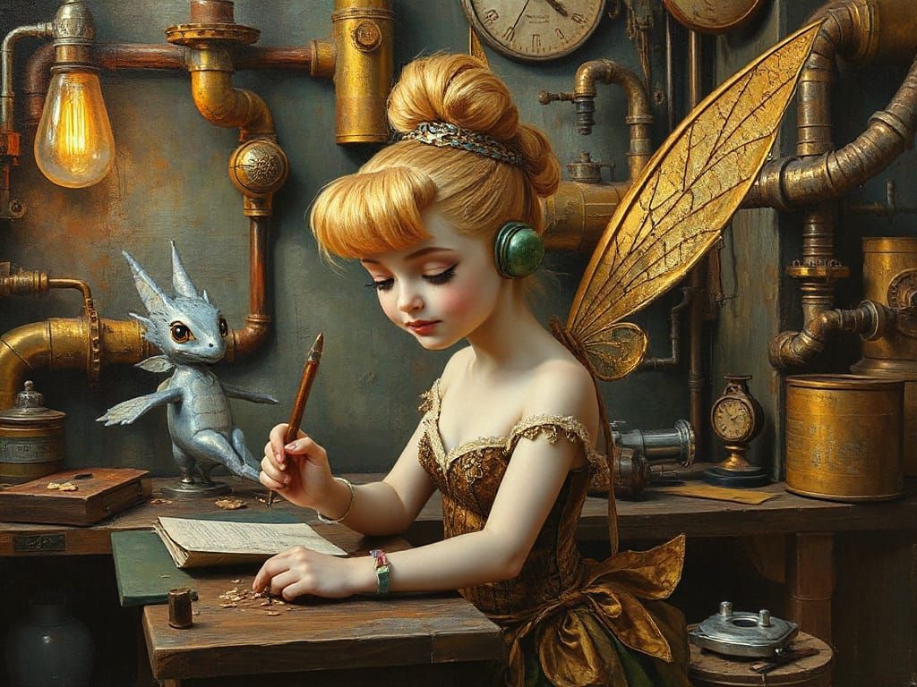 Steampunk Tinkerbell Invents a Metal Dragon in Whi... - AI Art