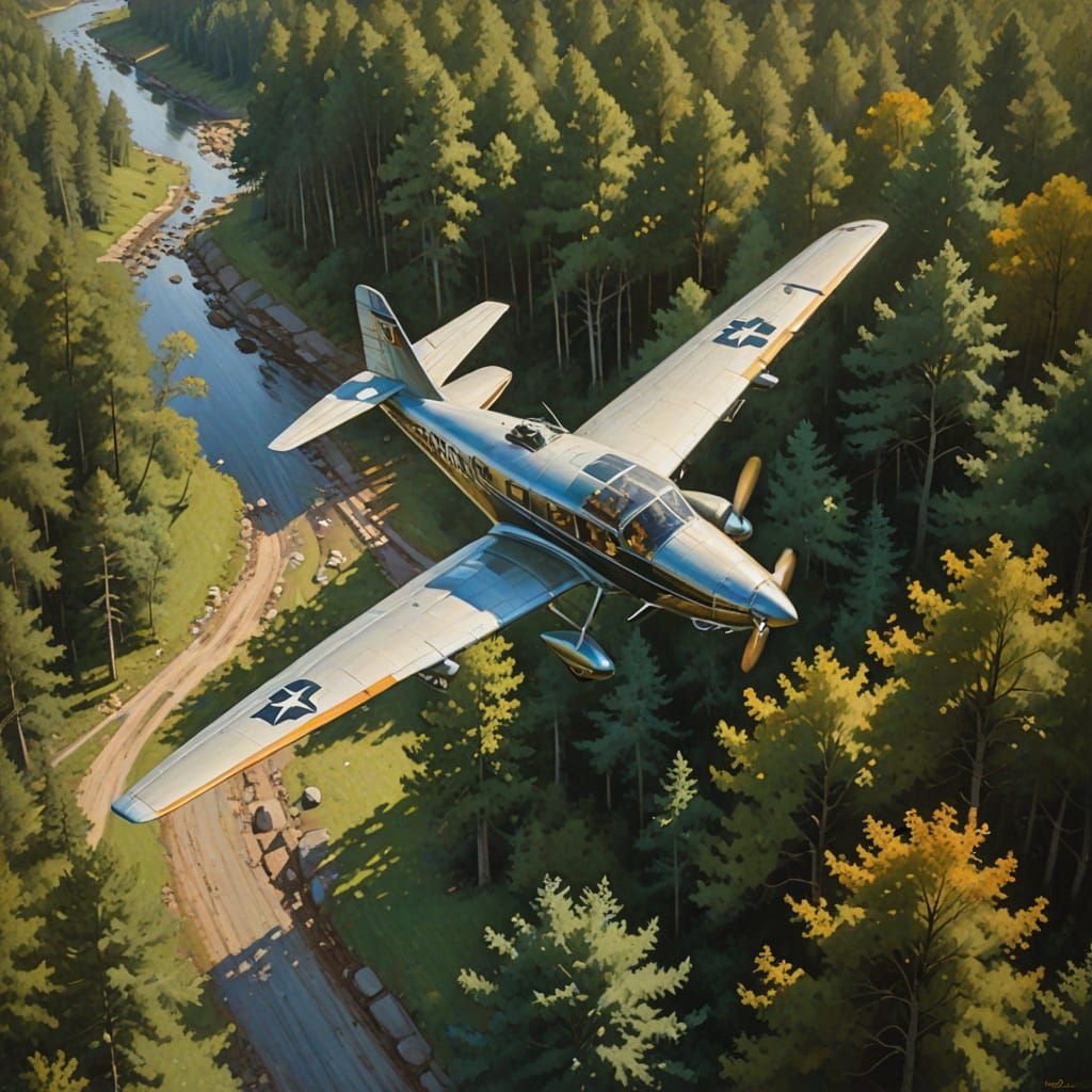 Soaring High-Wing Plane Over Forested Countryside ... - AI Art