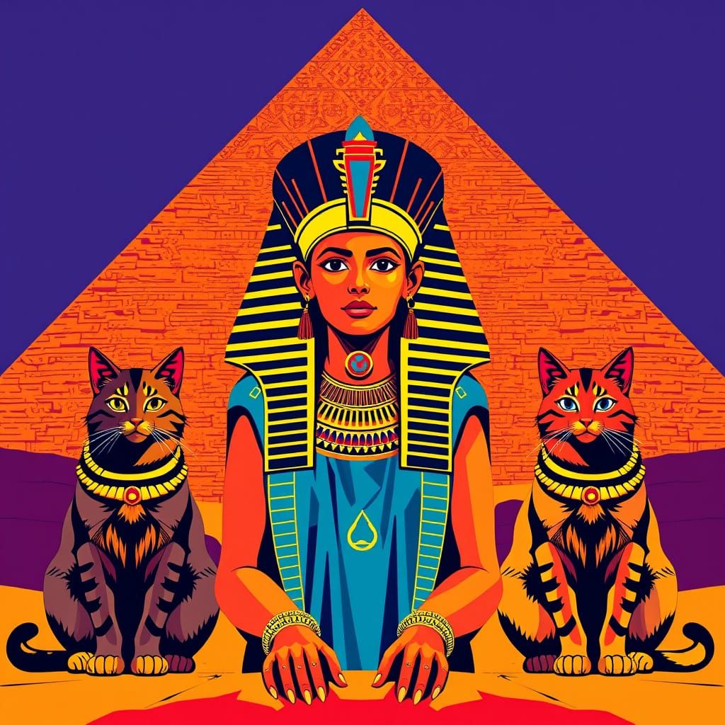 Egyptian Queen Cleopatra with Majestic Cats and Py... - AI Art