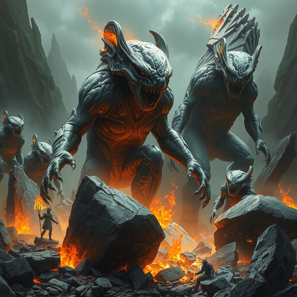 Stone Elementals Fighting - Epic Geological Duel in Dark, Mo...