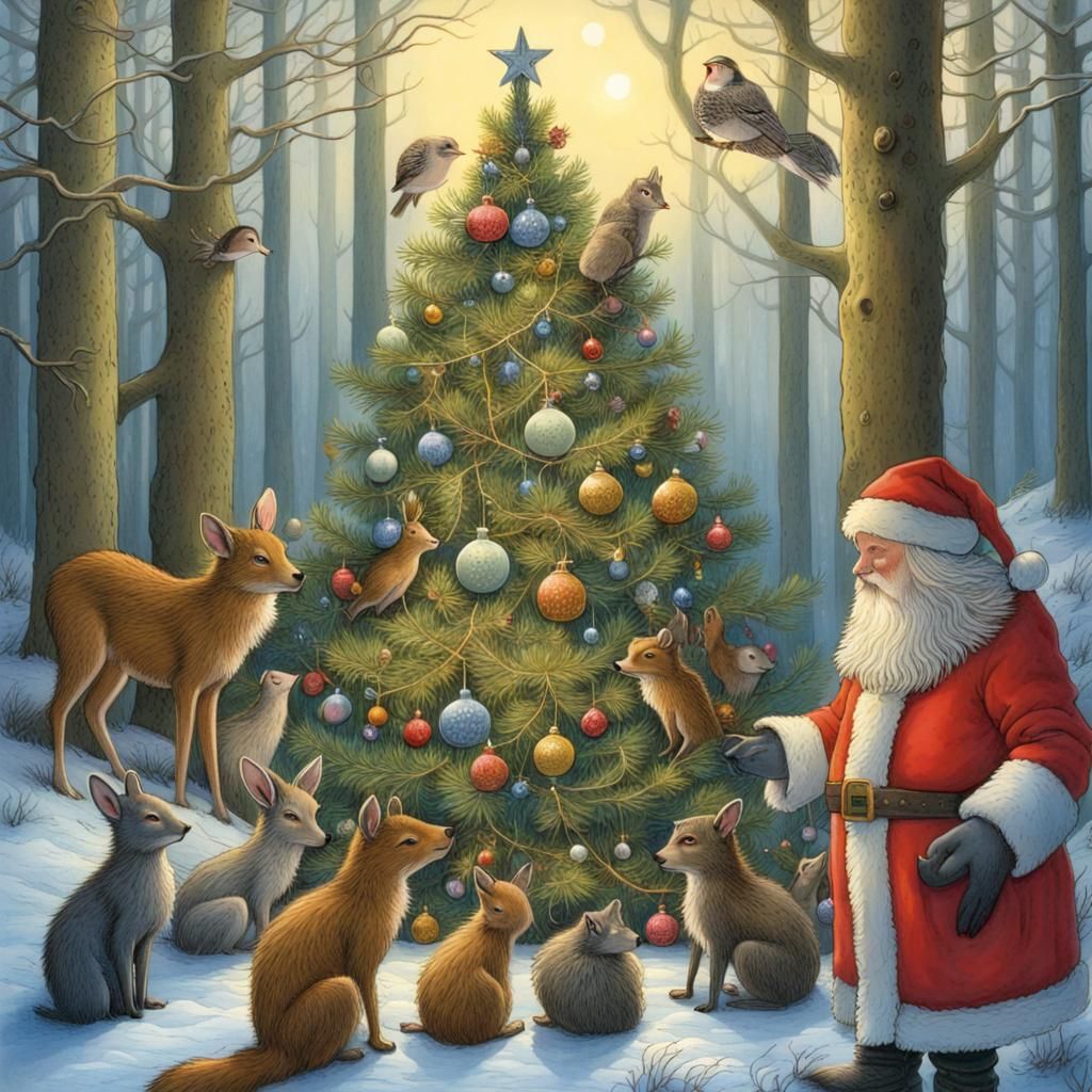 a decorated Christmas tree in the forest, forest animals gathered ...