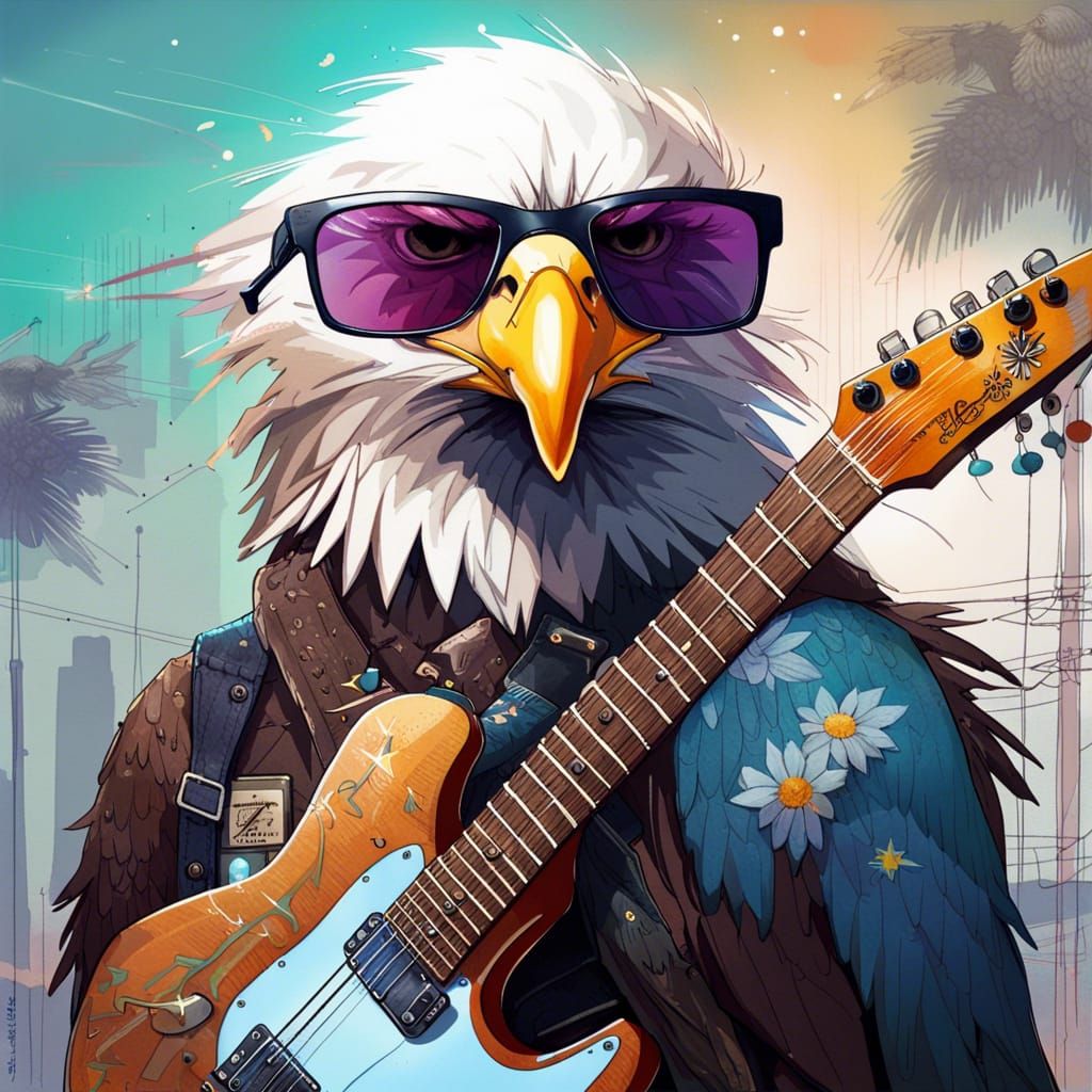 Portrait of adorable bald eagle holding a electric guitar and wearing sunglasses by Awwchang and ...