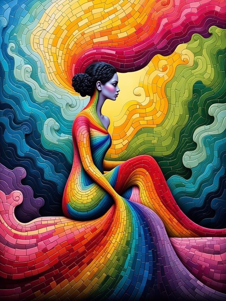 Create a surreal and vibrant artwork depicting a stylized female figure sitting gracefully ...