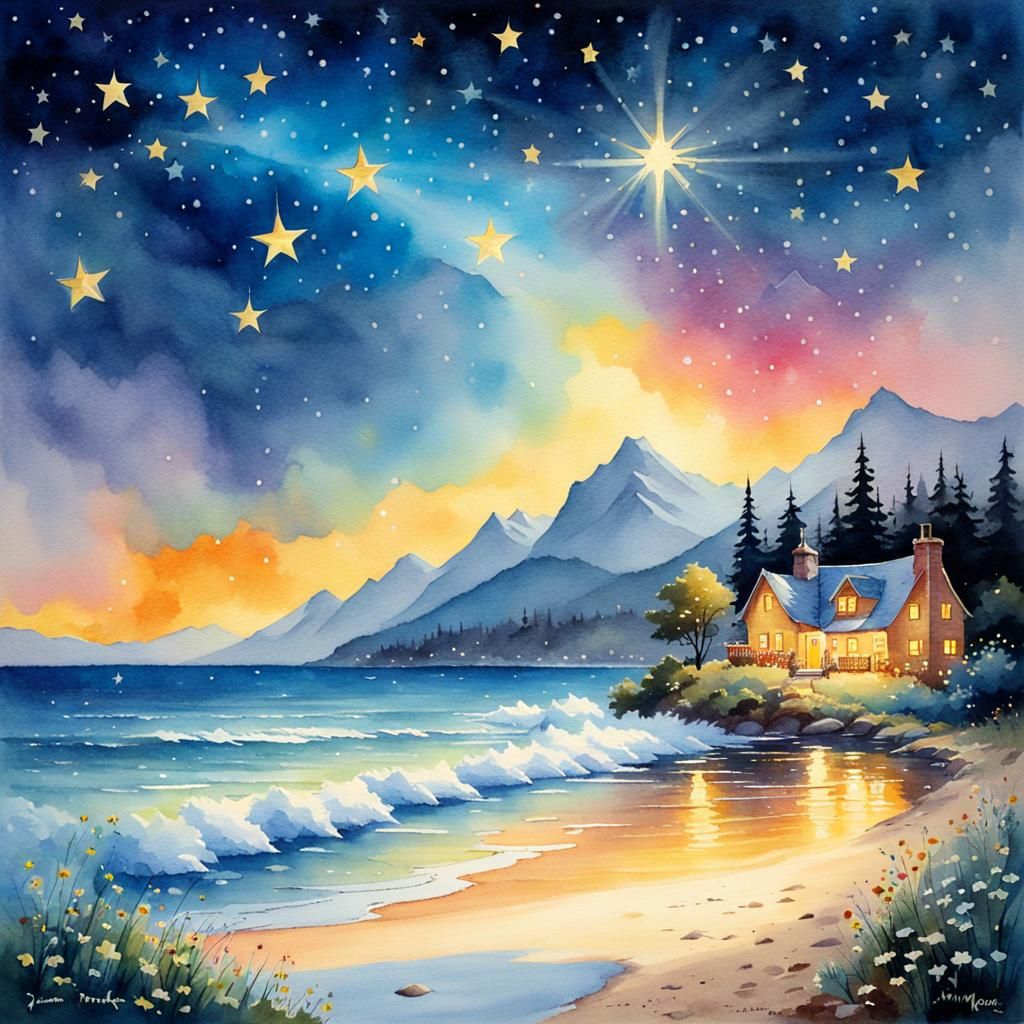 twinkle twinkle little star, cute bright, jean baptist monge, thomas kinkade watercolour.