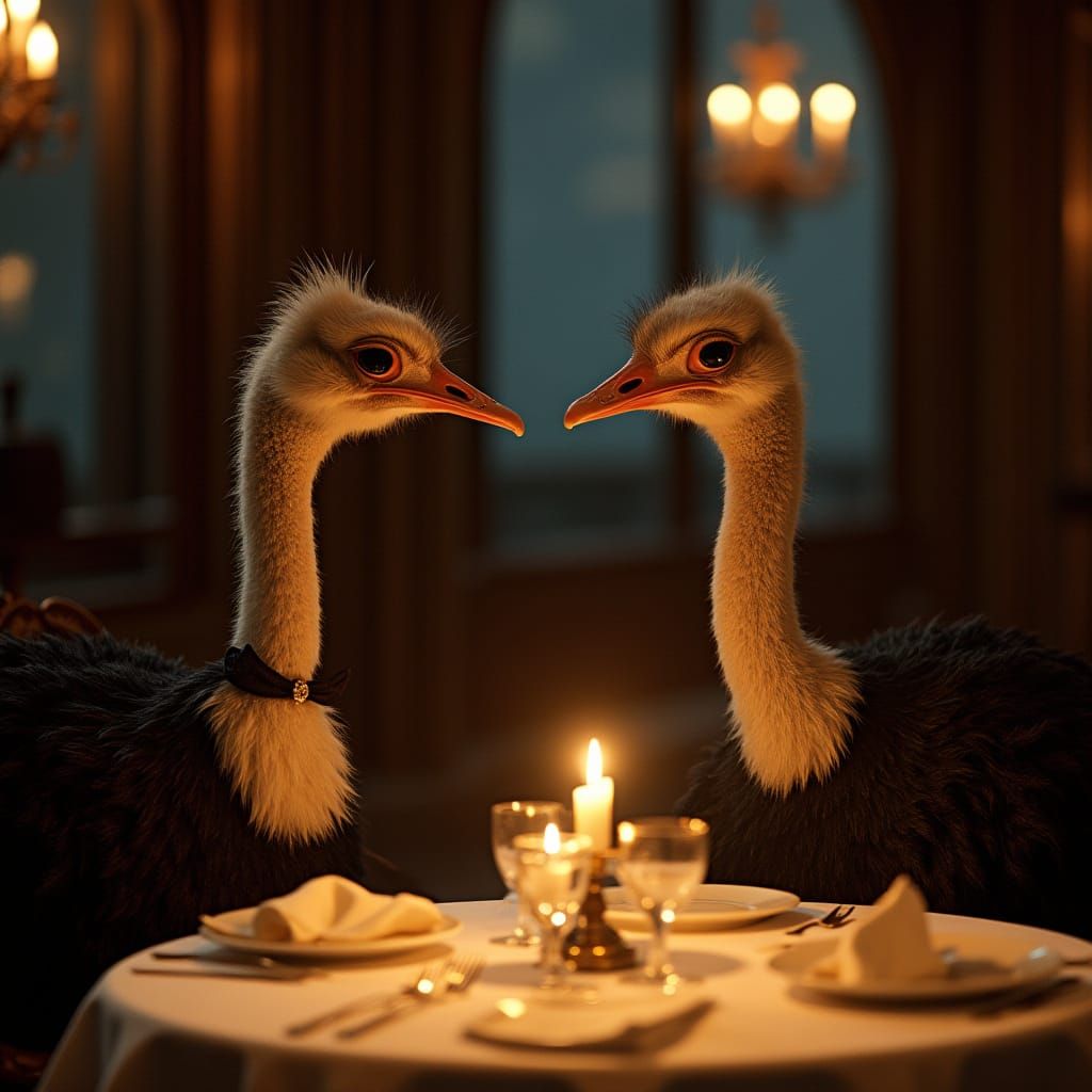 Elegant Ostriches Enjoy a Sophisticated Dinner Dat... - AI Art