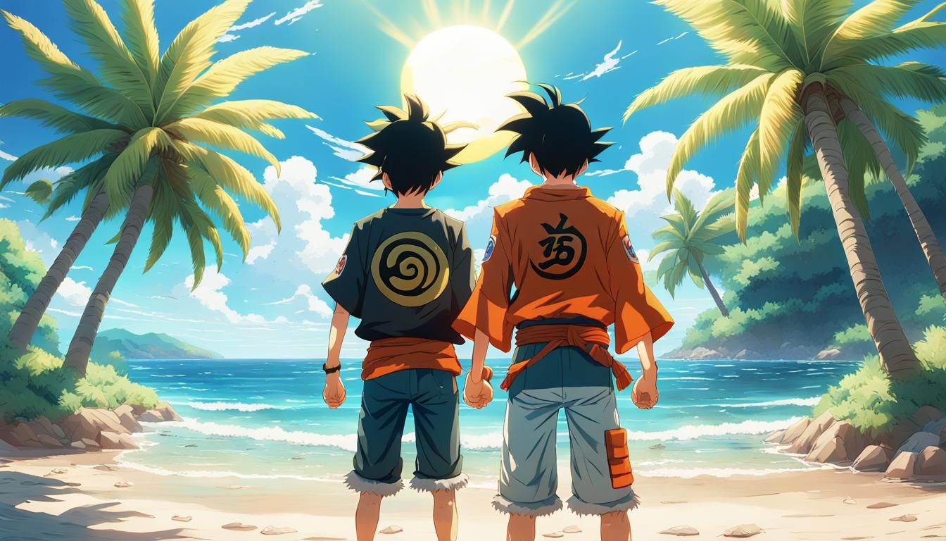 Anime Superheroes on Tropical Beach - AI Art