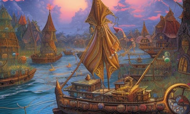 Fleet of small gypsy boats, whimsical fantasy steampunk, flotilla ...