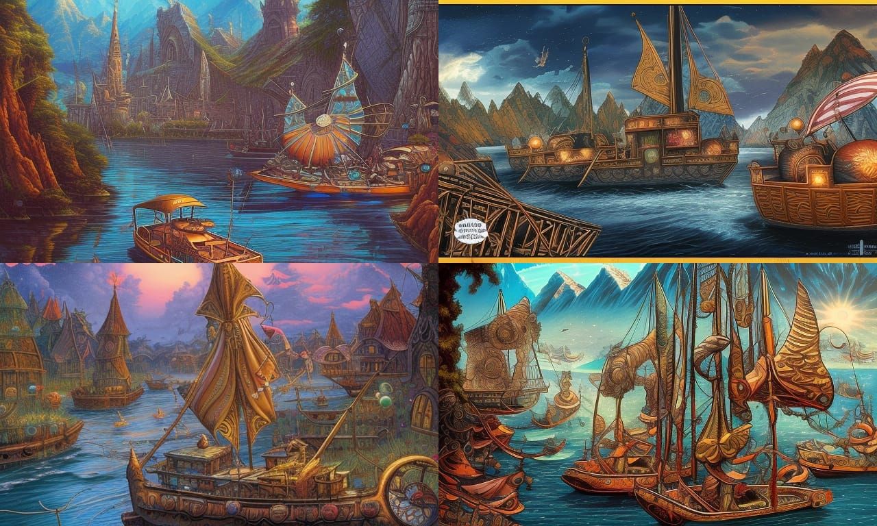 Fleet of small gypsy boats, whimsical fantasy steampunk, flotilla ...