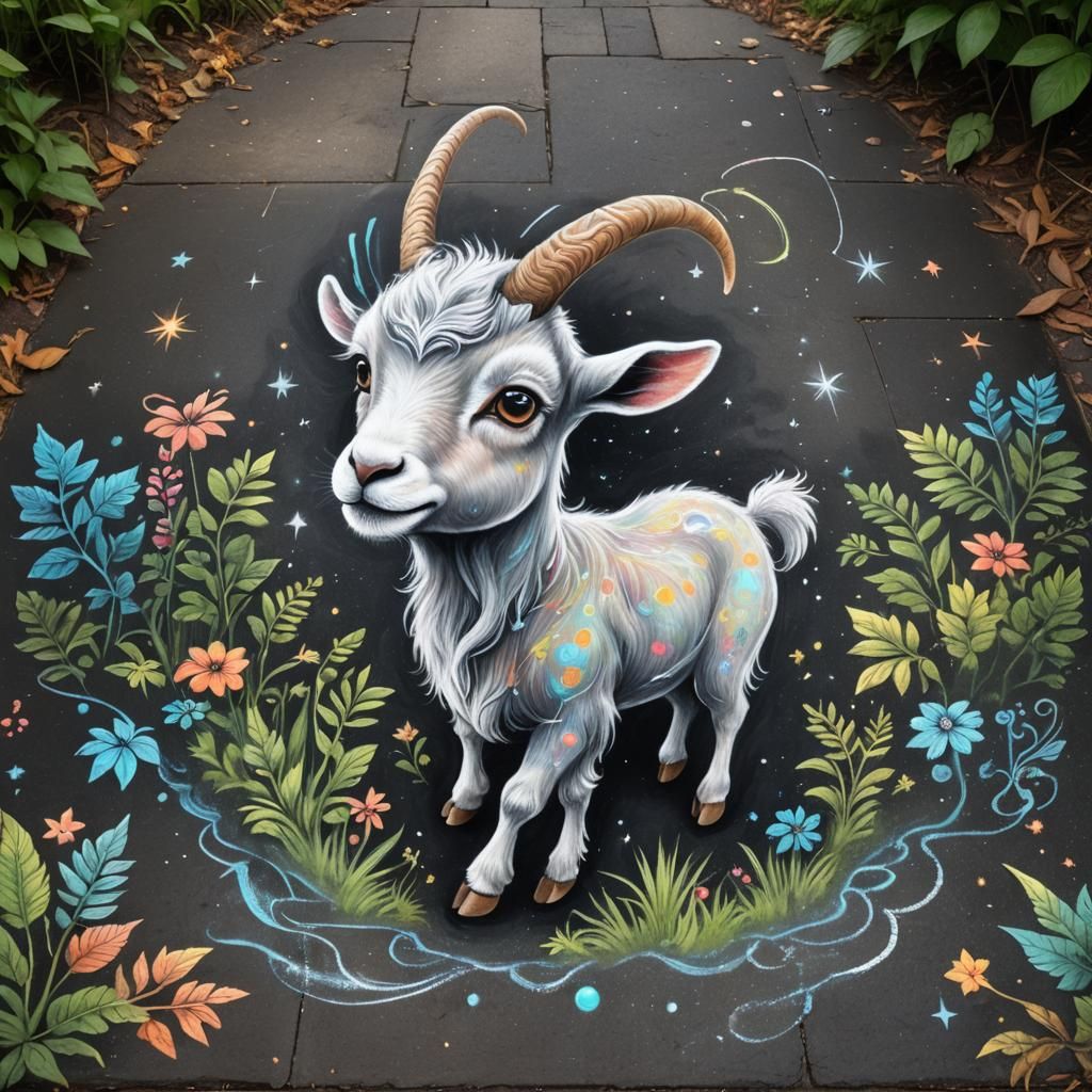 Chalk drawing on the sidewalk, beautiful chalk drawing of a chibi goat ...