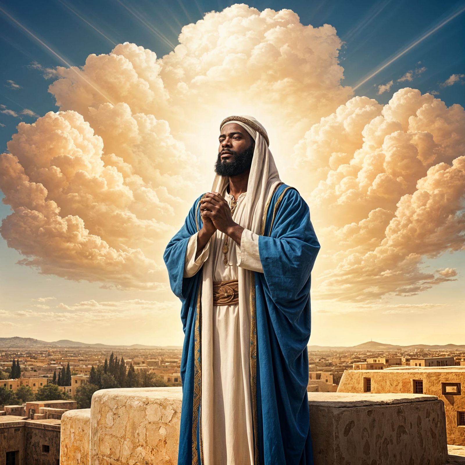 An ancient Israelite man is on the roof of his house praying, he is ...
