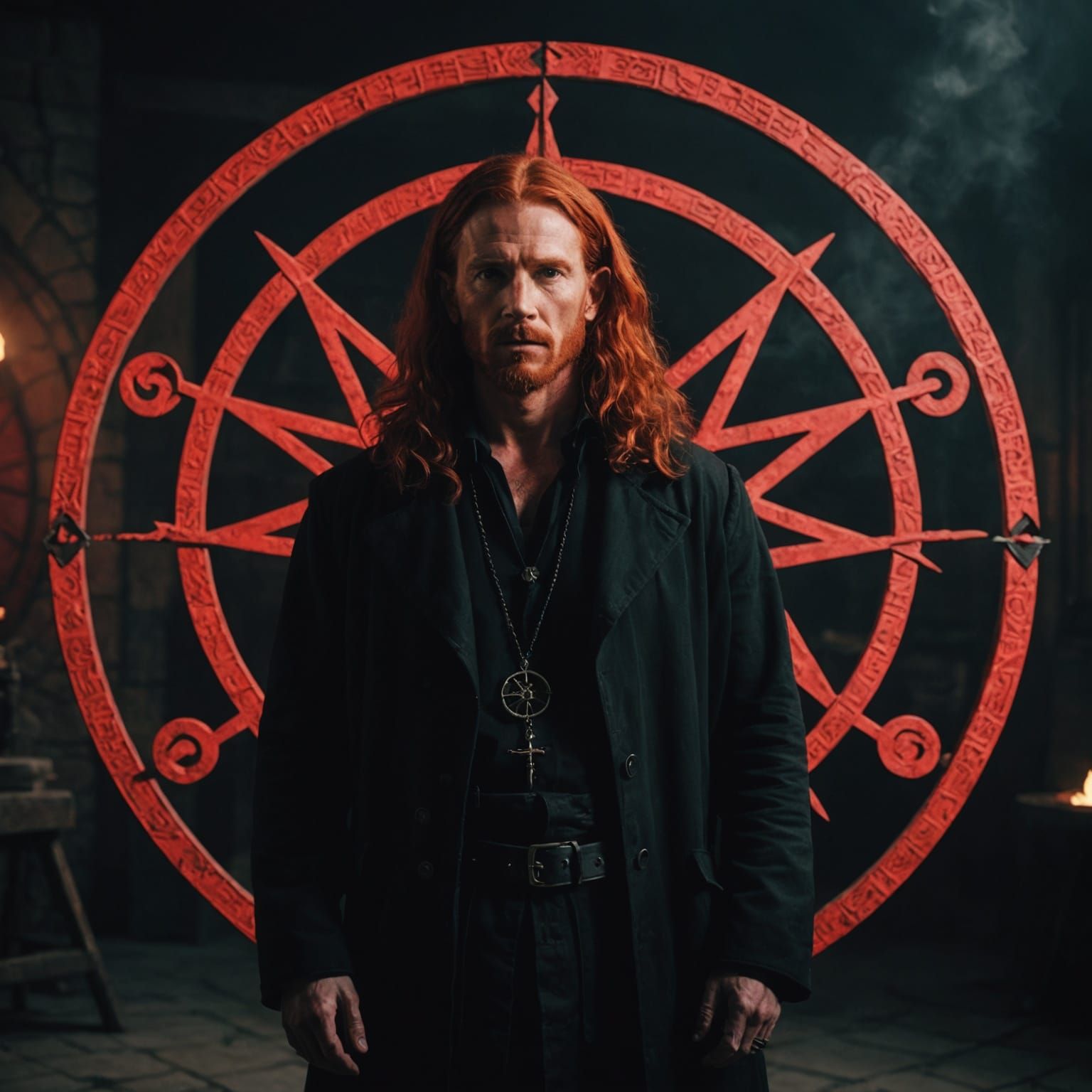 Long red haired male alchemist, wearing black and red, standing in ...