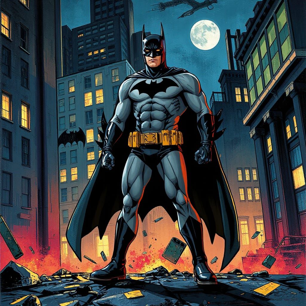 A cartoonish image of Batman (Explosion 💥 in Background)