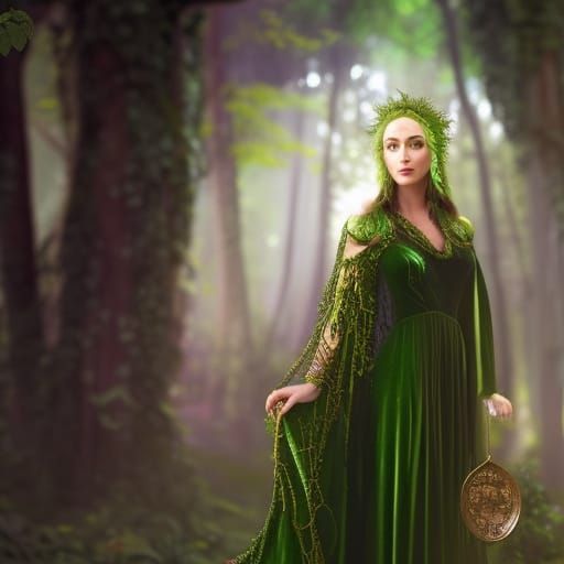 Beautiful Celtic priestess dressed in green velvet dress, in a mystical ...